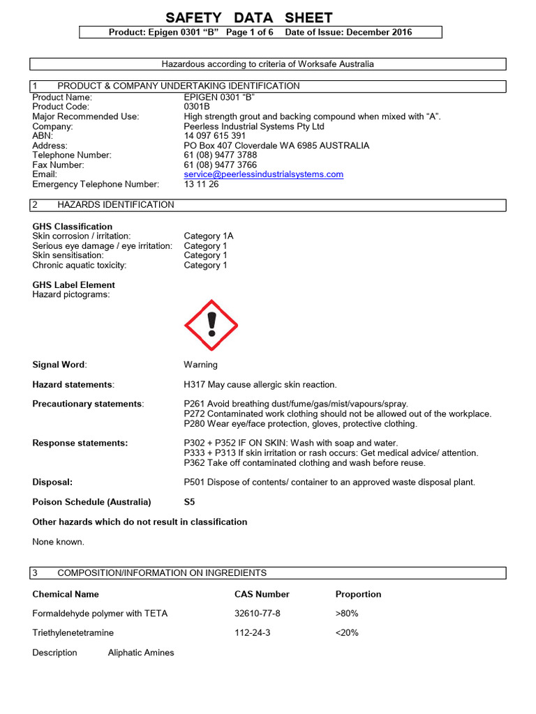 0301B SDS | PDF | Working Conditions | Safety