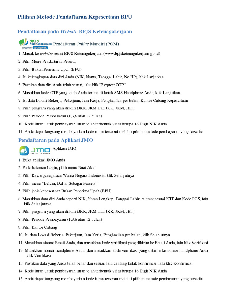 Pilihan Metode Pendaftaran Kepesertaan BPU | PDF