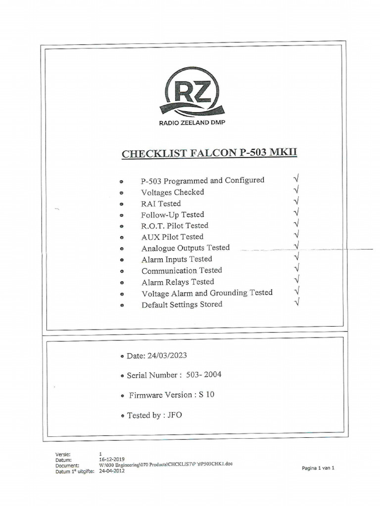 Falcon P-503 MKII Testing Checklist | PDF