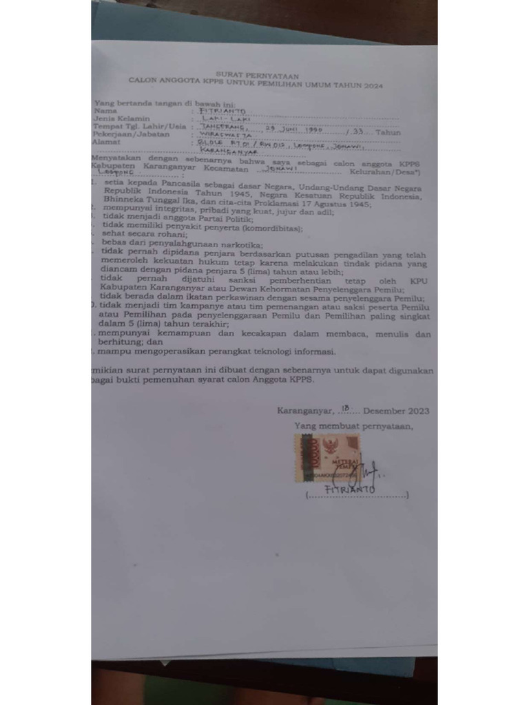 Pernyataan Fitriyanto | PDF