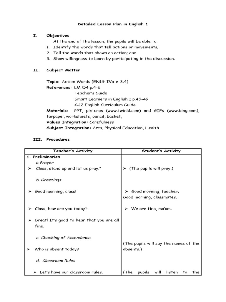 Detailed Lesson Plan in English 1 | PDF | Lesson Plan | Teachers