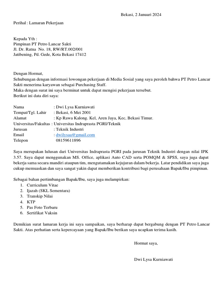 Surat Lamaran PT Dana Purna Investama | PDF