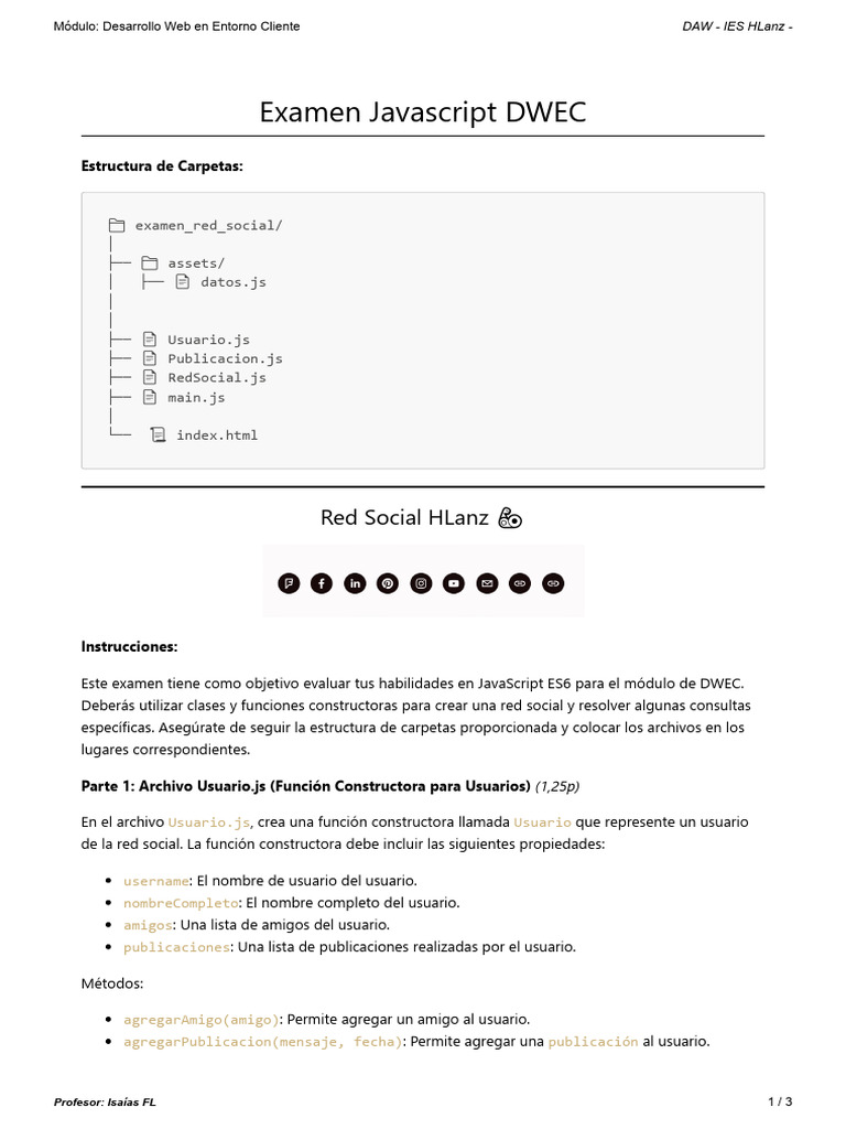 Examen de JavaScript: Red Social IES HLanz | PDF