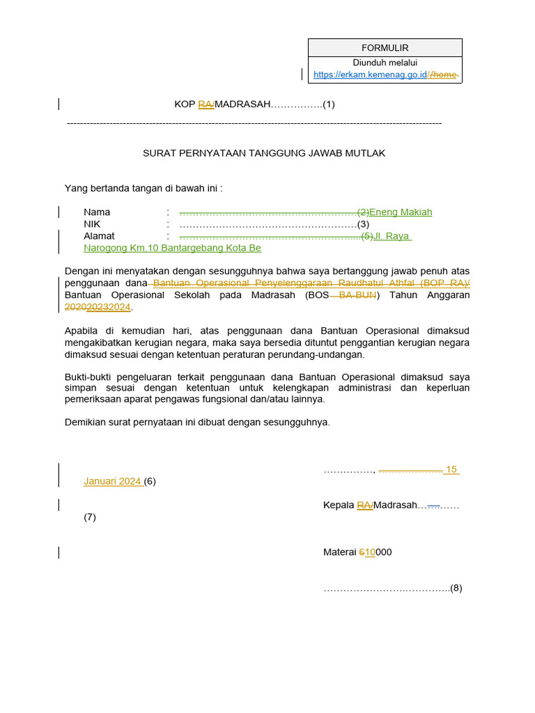Formulir SPTJM Bos 2024 | PDF