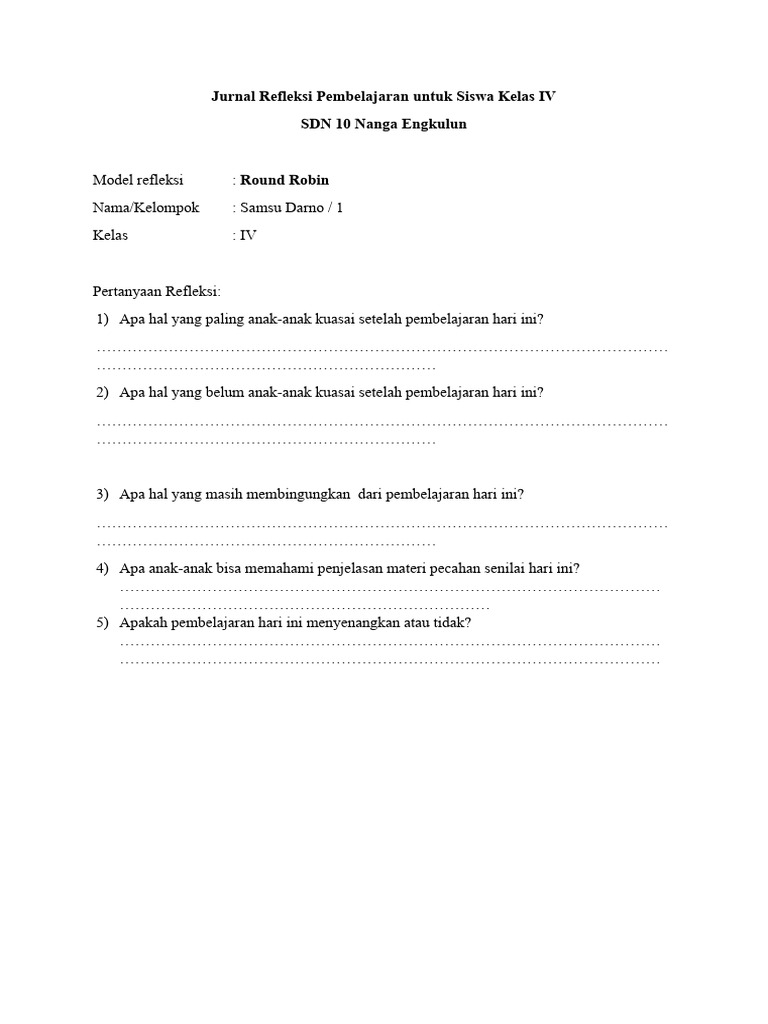 Jurnal Refleksi Pembelajaran Untuk Siswa Model Round Robin Dan Segitiga ...