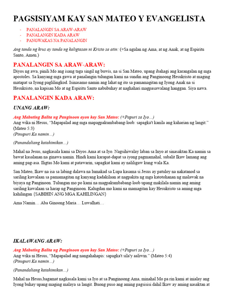 Pagsisiyam Kay San Mateo y Evangelista | PDF