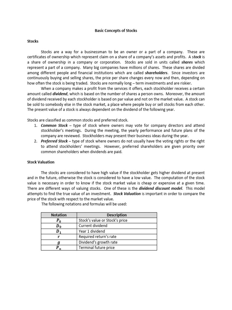 Basic Concepts of Stocks | Download Free PDF | Stocks | Dividend
