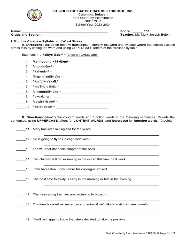 Speech 8 Quarterly Exam Guide | PDF | Syllable | Phonology