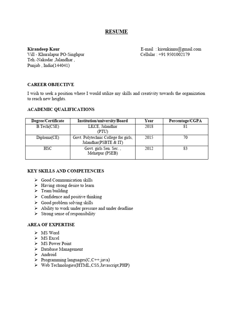 Kirandeep Kaur's Tech Resume | PDF | Java Script | Computing