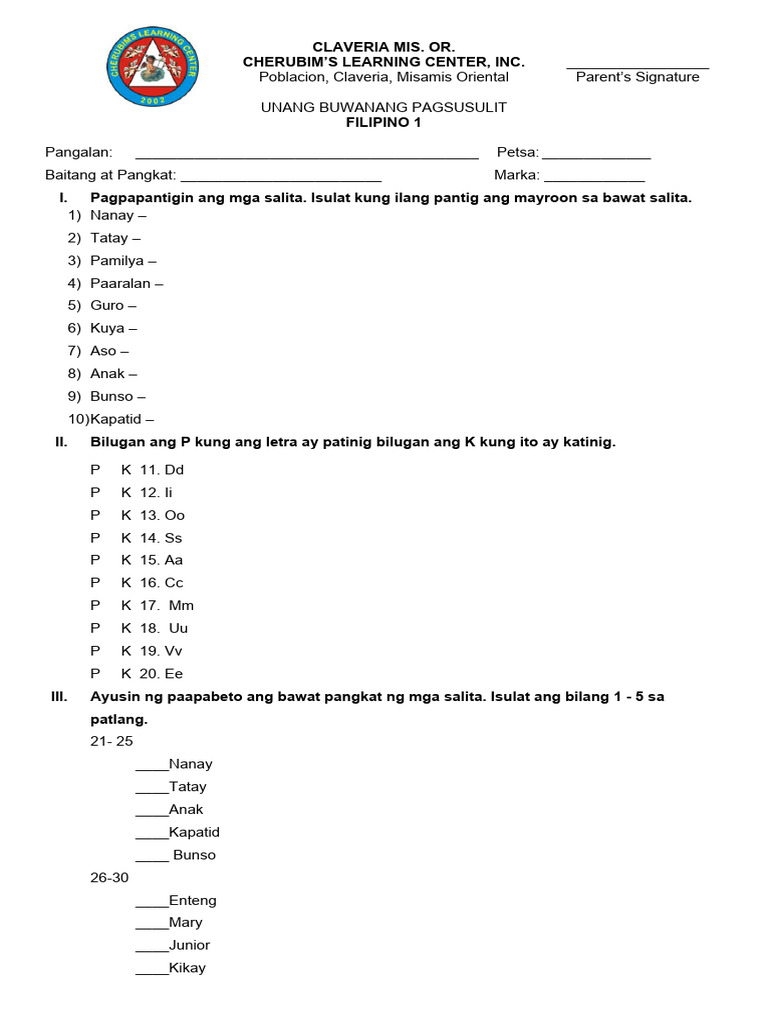 1st Monthly-Exam-in FILIPINO 1 | PDF