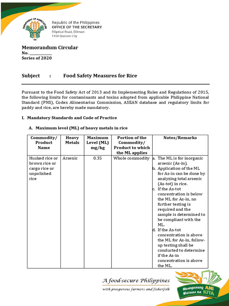 DA - Food Safety Measures For Rice | PDF | Food Safety | Rice