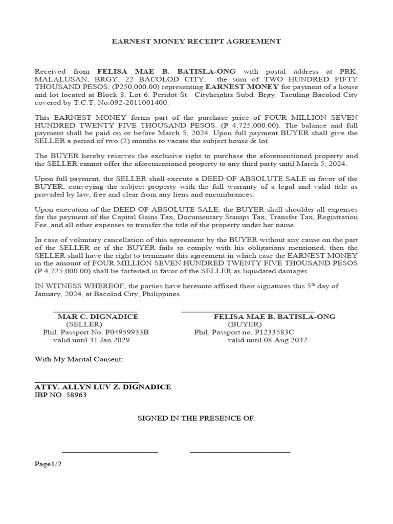 Earnest Money Receipt Agreement | PDF | Deed | Taxes