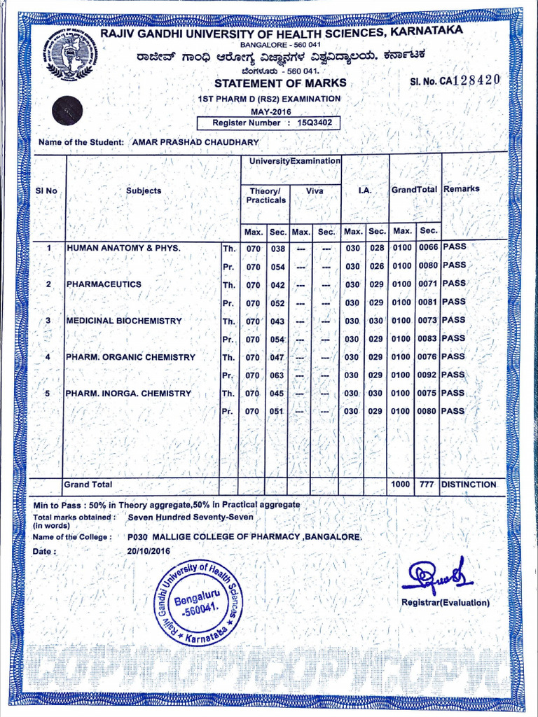 Tinywow PharmD Marksheet 10399604 | PDF