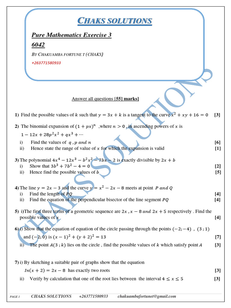 Exercise 3 Chaks Pure Mathematics | PDF | Equations | Circle