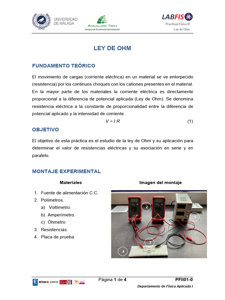 P1. LEY DE OHM 2023 Rev. 0 | PDF | Resistencia Eléctrica y Conductancia | voltaje