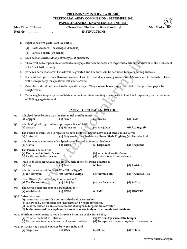 Territorial Army Interview Board Paper 2 | PDF