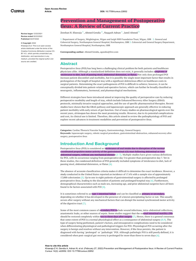 Prevention and Management of Postoperative Ileus A Review of Current ...