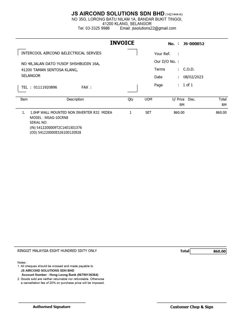 Aircond Service Invoice Example | PDF