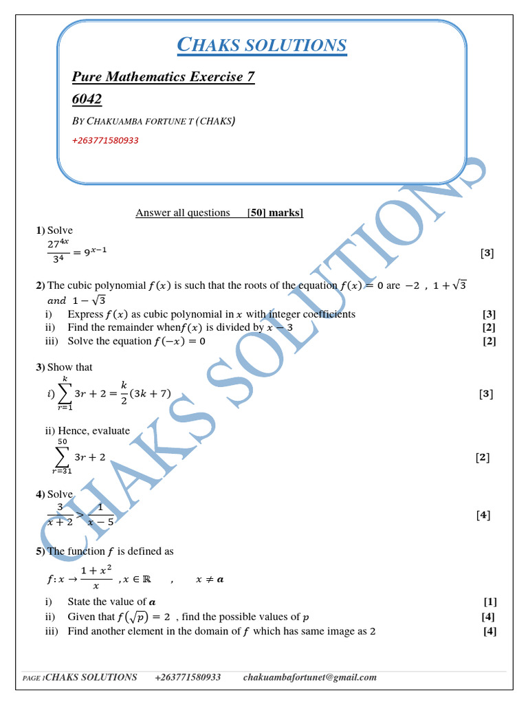 Exercise 7 Chaks Pure Mathematics | PDF