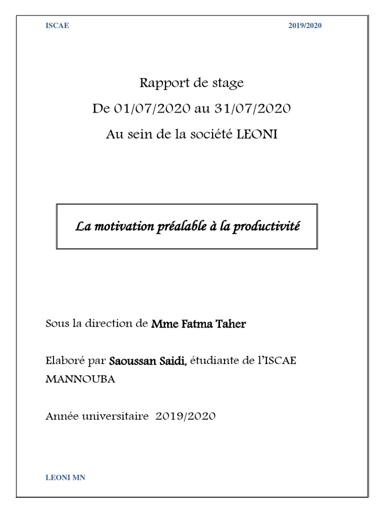 Rapport de Stage LEONI MN Version Finale | PDF | Évolution de carrière ...