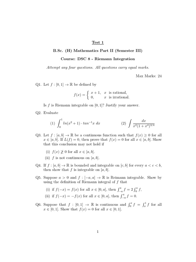 Riemann Integration Exam Questions | PDF