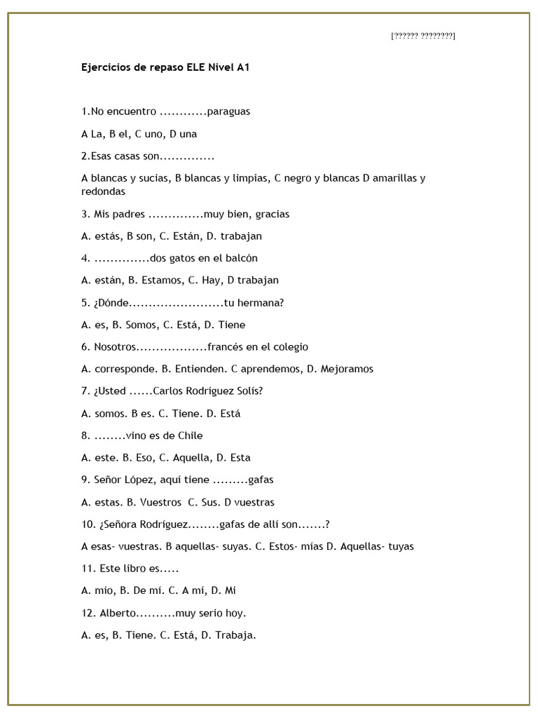 Ejercicios de Repaso ELE A1 | PDF Ejercicios de Repaso ELE A1 | PDF