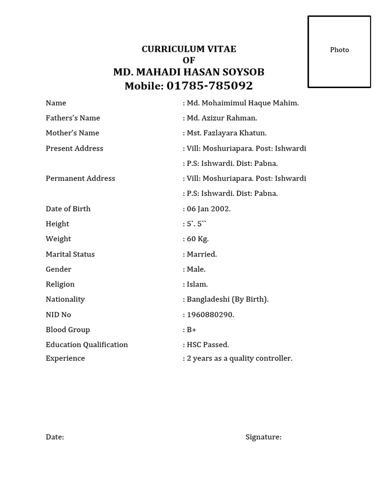 Md. Mahadi Hasan Soysob Mobile:: Curriculum Vitae OF | PDF
