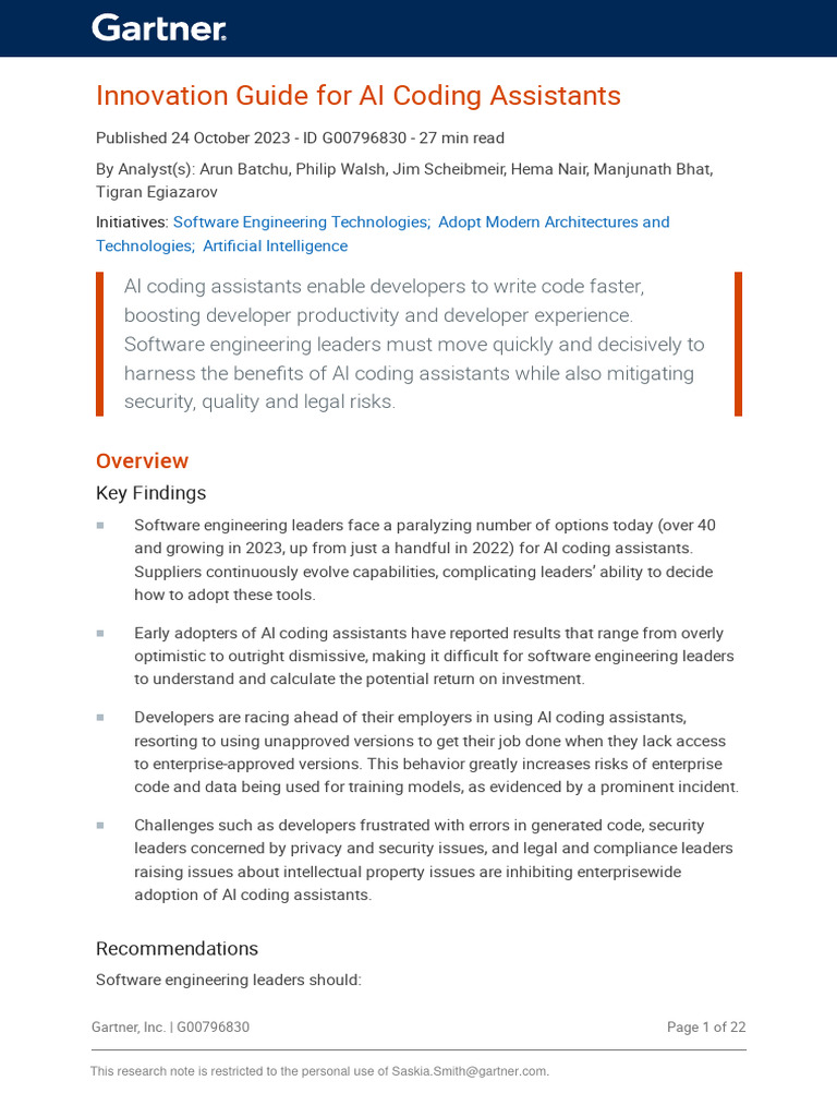 Gartner - Innovation Guide for AI Coding Assistants | PDF | Computer Programming | Artificial ...