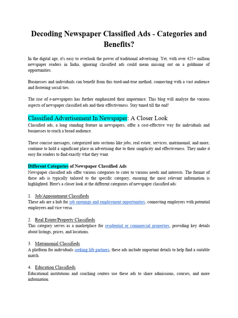 Decoding Newspaper Classified Ads Ver1 - 0 | PDF