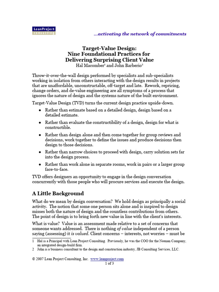 3-2 Target-Value Design. Nine Foundational and Six Advanced Practices For Delivering Surprising ...