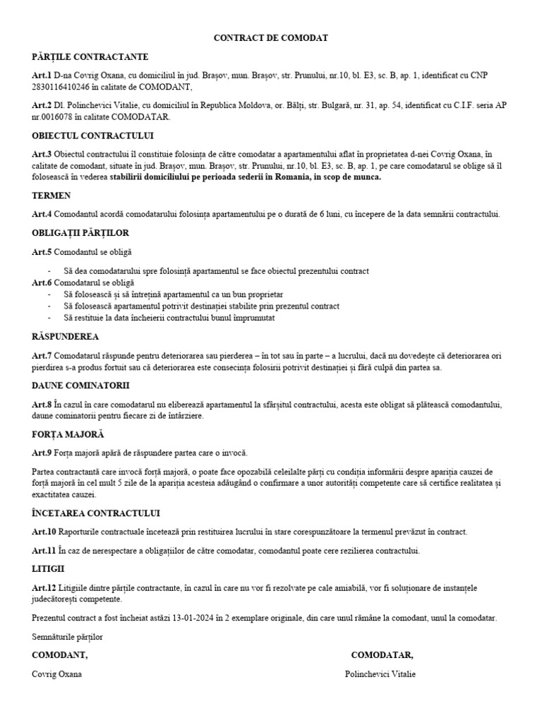 Contract de Comodat | PDF