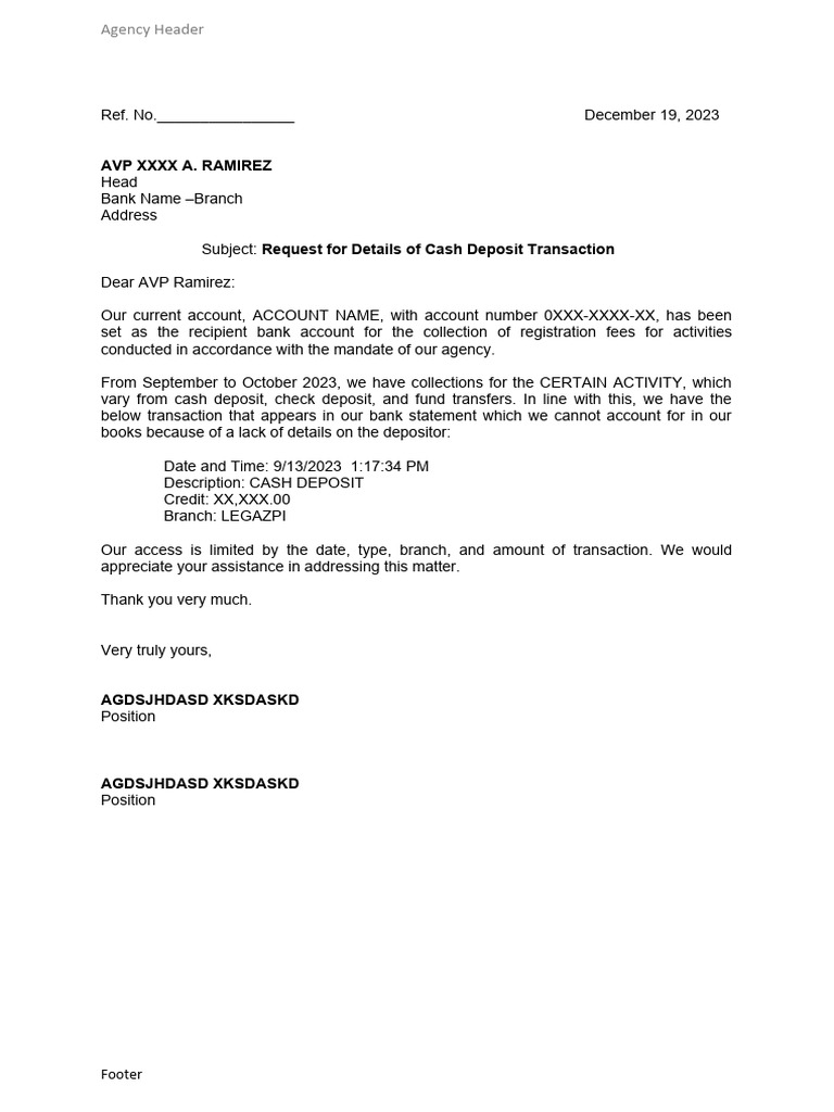 Letter Request To Bank Requesting Transaction Details - Cash Deposit | PDF