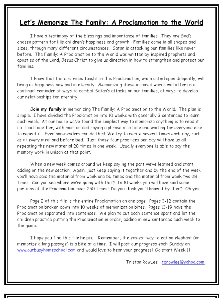 Memorize "The Family" Proclamation Guide | PDF | Wife | Marriage