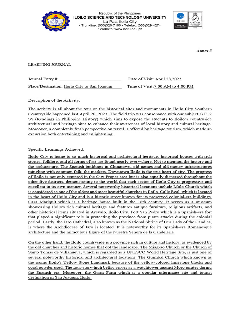 Annex J Learning Journal Field Trip 2023 Superfinal | PDF