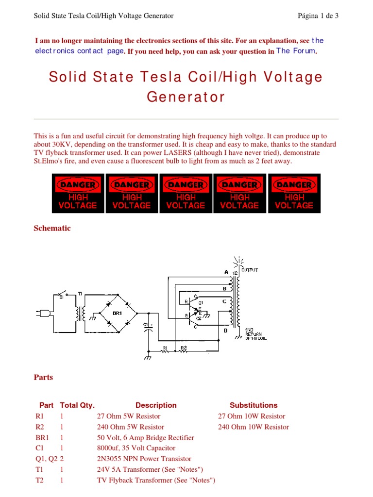 Tesla Coil High Voltage Generator | PDF | High Voltage | Transformer