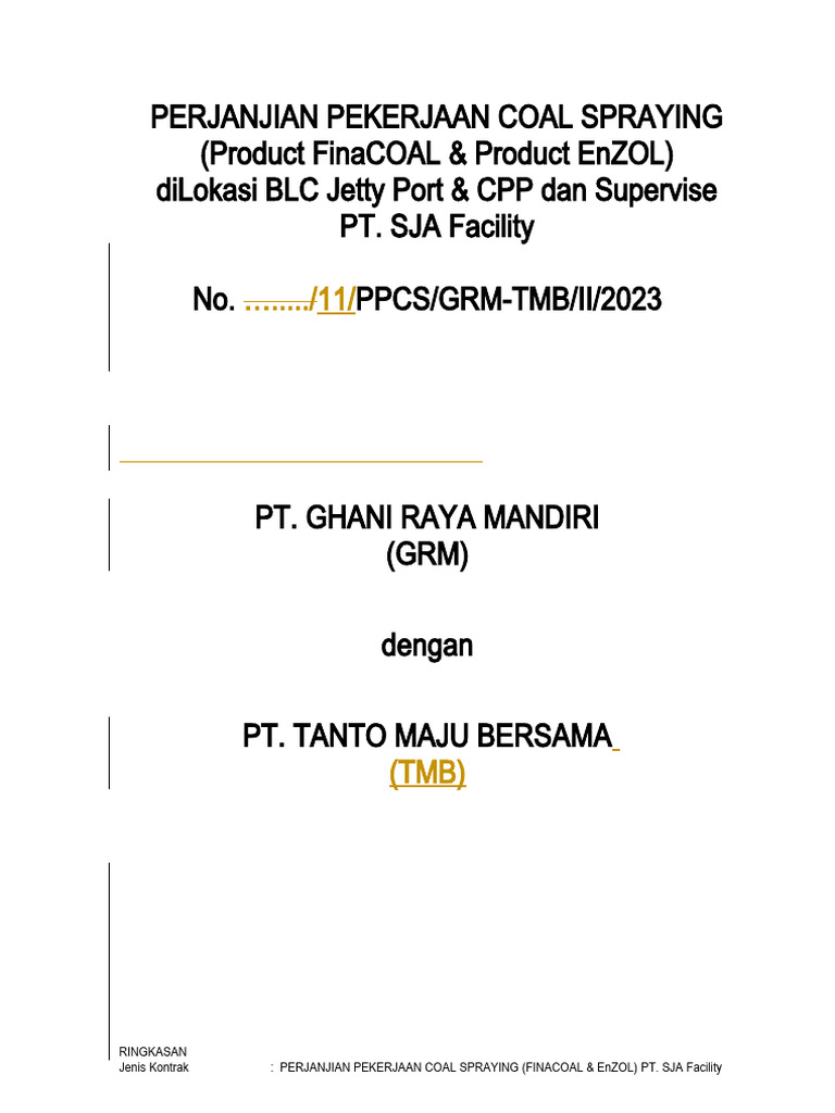 Contoh Perjanjian Coal Spraying Pt. GRM Vs Pt. TMB | PDF
