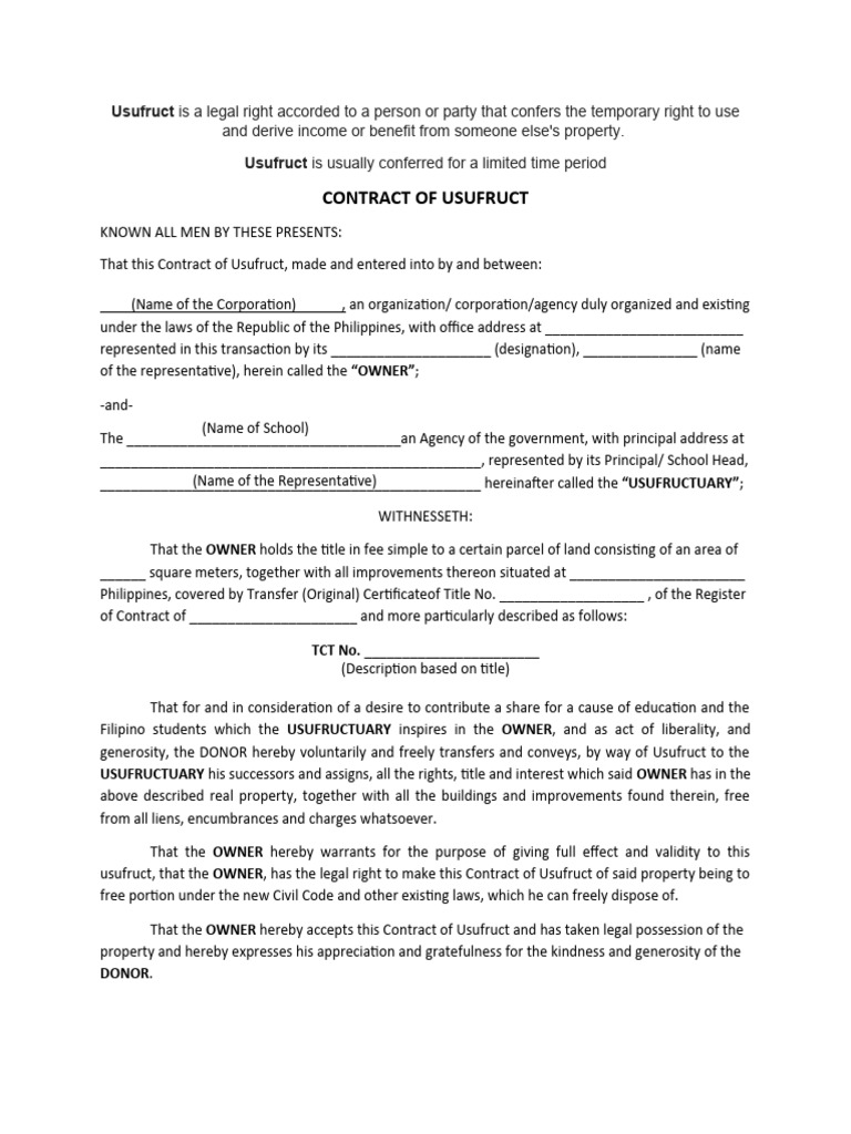 Contract of Usufruct | PDF | Deed | Property