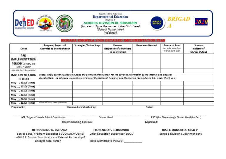 Brigada-Eskwela-2020 Implementation Plan Template | PDF