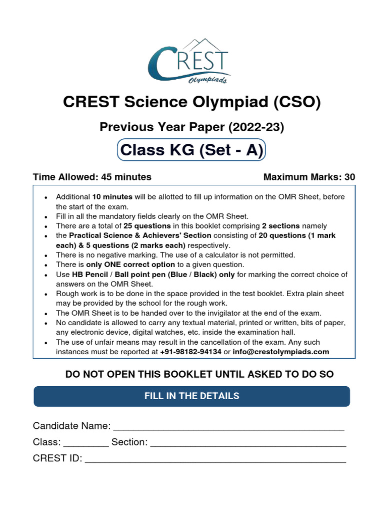 CREST Science Olympiad (CSO) : Class KG (Set - A) | PDF
