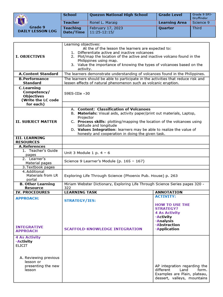 Grade 9 Volcanoes Lesson Plan | PDF | Learning | Volcano