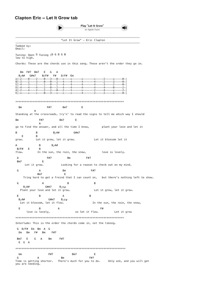 Let It Grow Tab With Lyrics by Clapton Eric For Guitar at Guitaretab ...