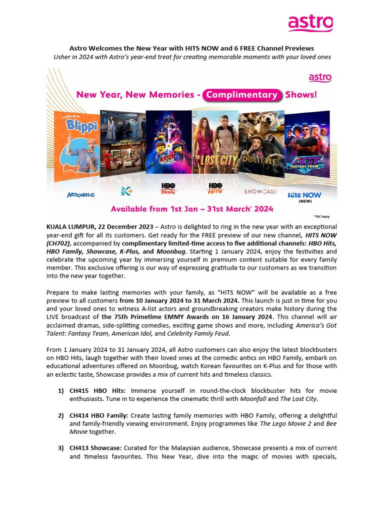 ENG PR Astro Welcomes The New Year With HITS NOW and 6 FREE Channel ...