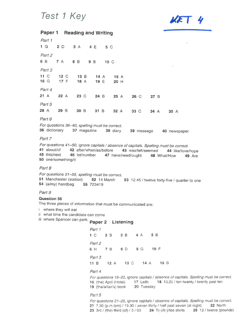 KET 4. Answers | PDF