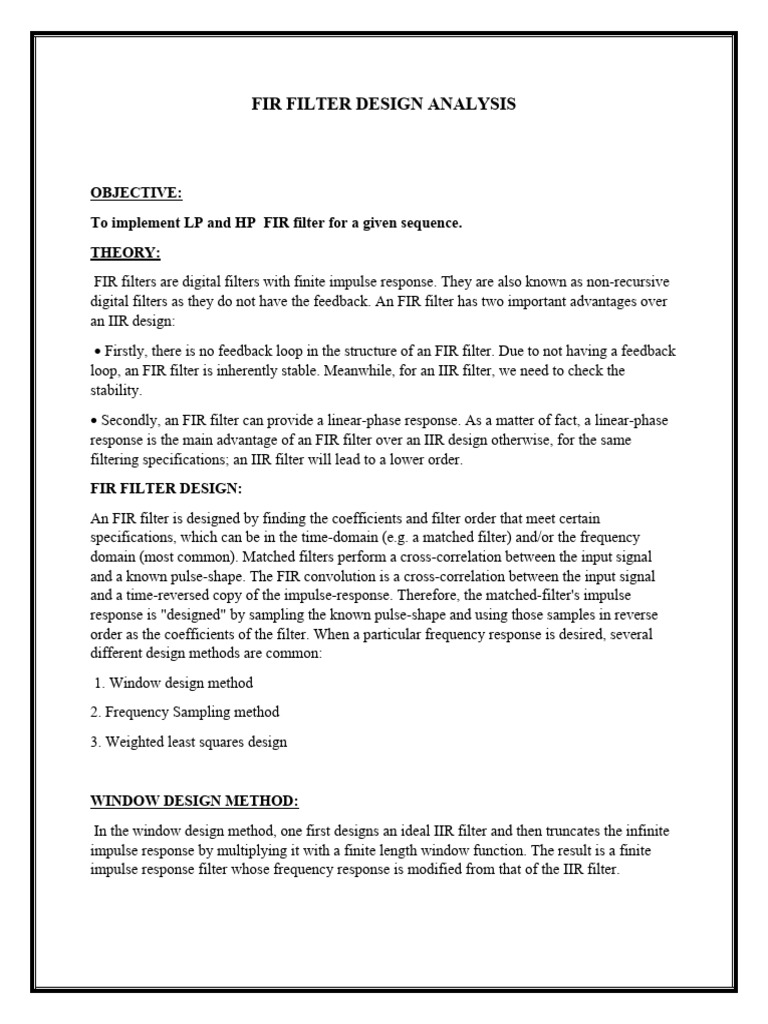 FIR FILTER DESIGN ANALYSIS Lab11 | PDF | Electrical Engineering ... FIR FILTER DESIGN ANALYSIS Lab11 | PDF | Electrical Engineering ...