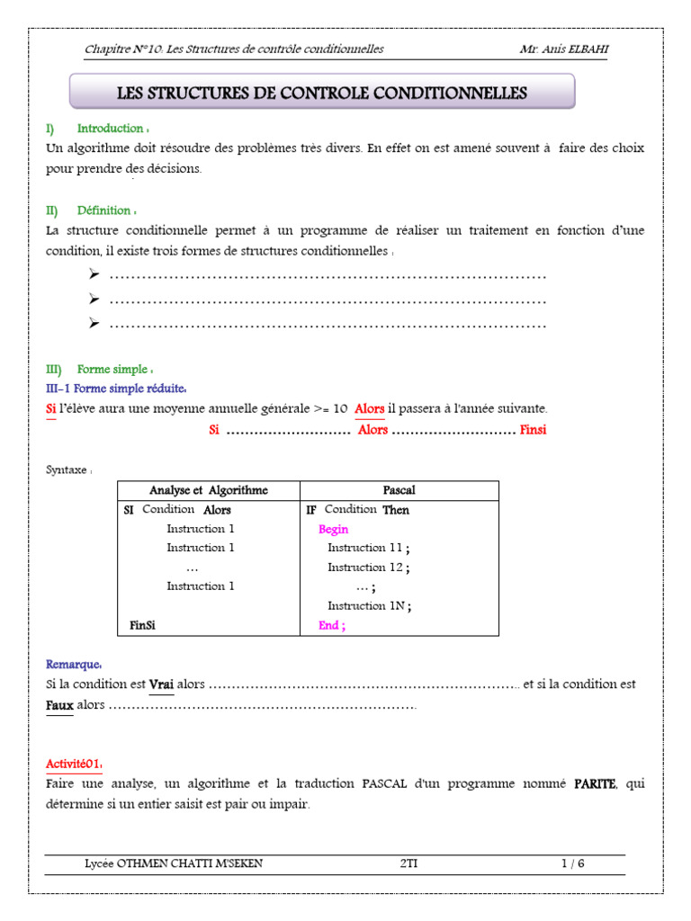 CH10 - Les Structures Conditionnelles | PDF