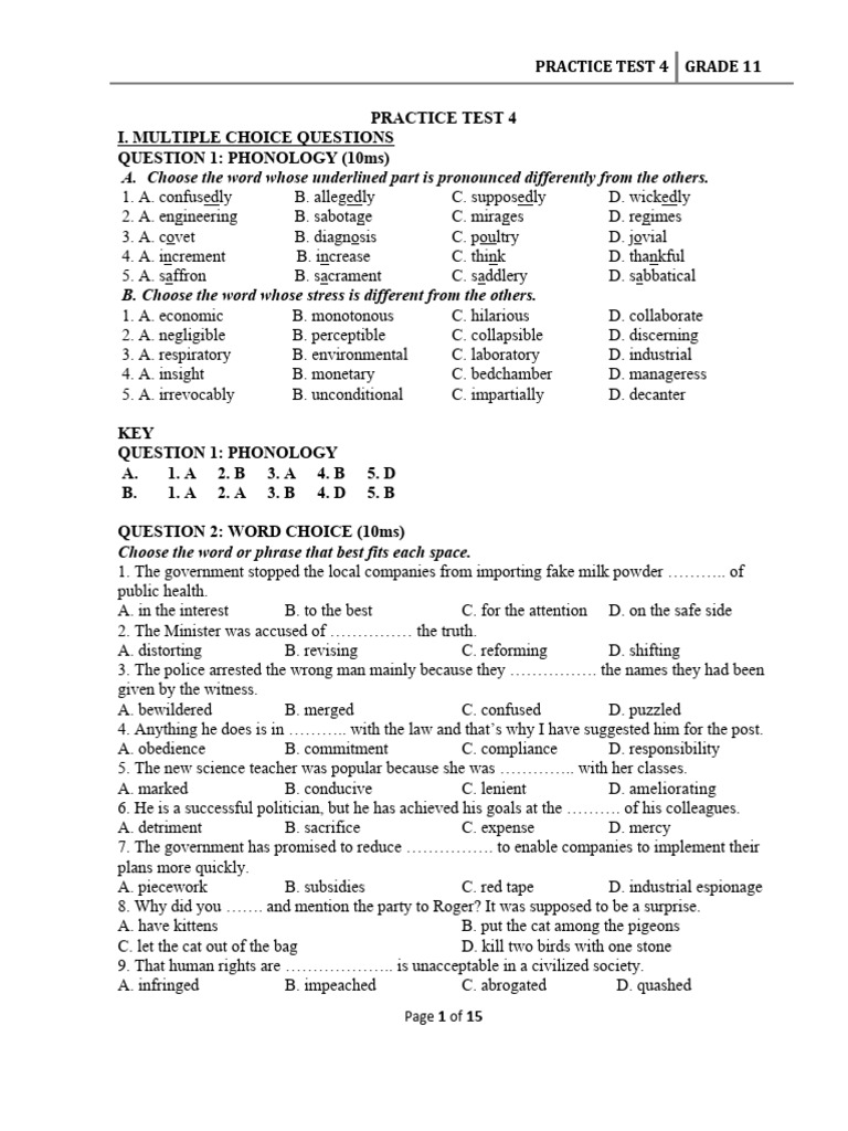 Grade 11 Phonology and Grammar Practice Test | PDF