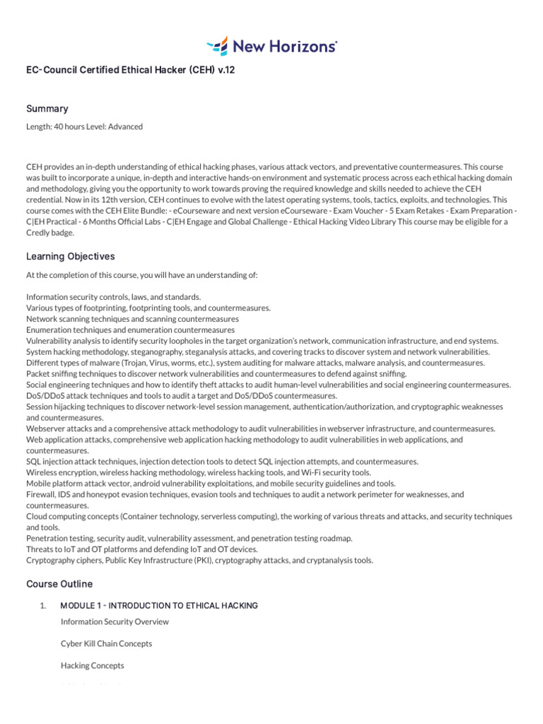 EC-Council Certified Ethical Hacker (CEH) v.12 Courses - New Horizons | PDF | Denial Of Service ...