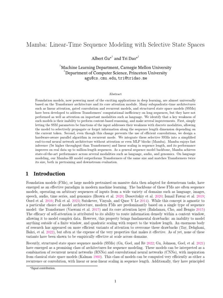 【2023】热点文章 Mamba Linear-Time Sequence Modeling with Selective State Spaces | PDF | Time ...