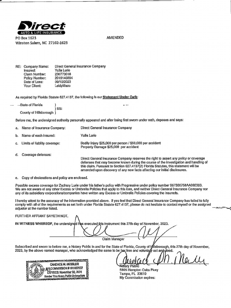 Lurie - Direct Auto & Life Insurance - Amended Policy Coverage | PDF