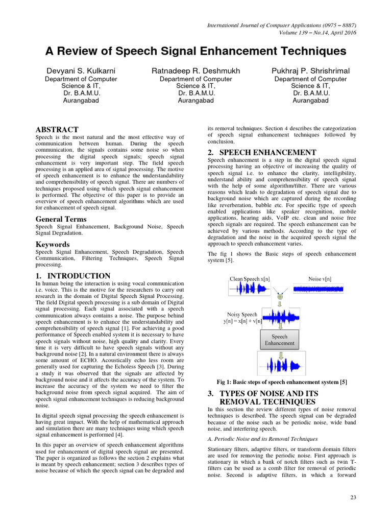 Speech Signal Enhancement Review | PDF | Spectral Density | Filter (Signal Processing)